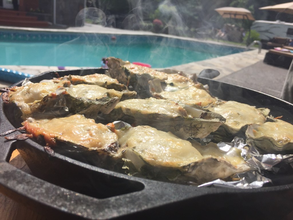 BBQ Oysters with Chimi Mayo and Manchego Cheese